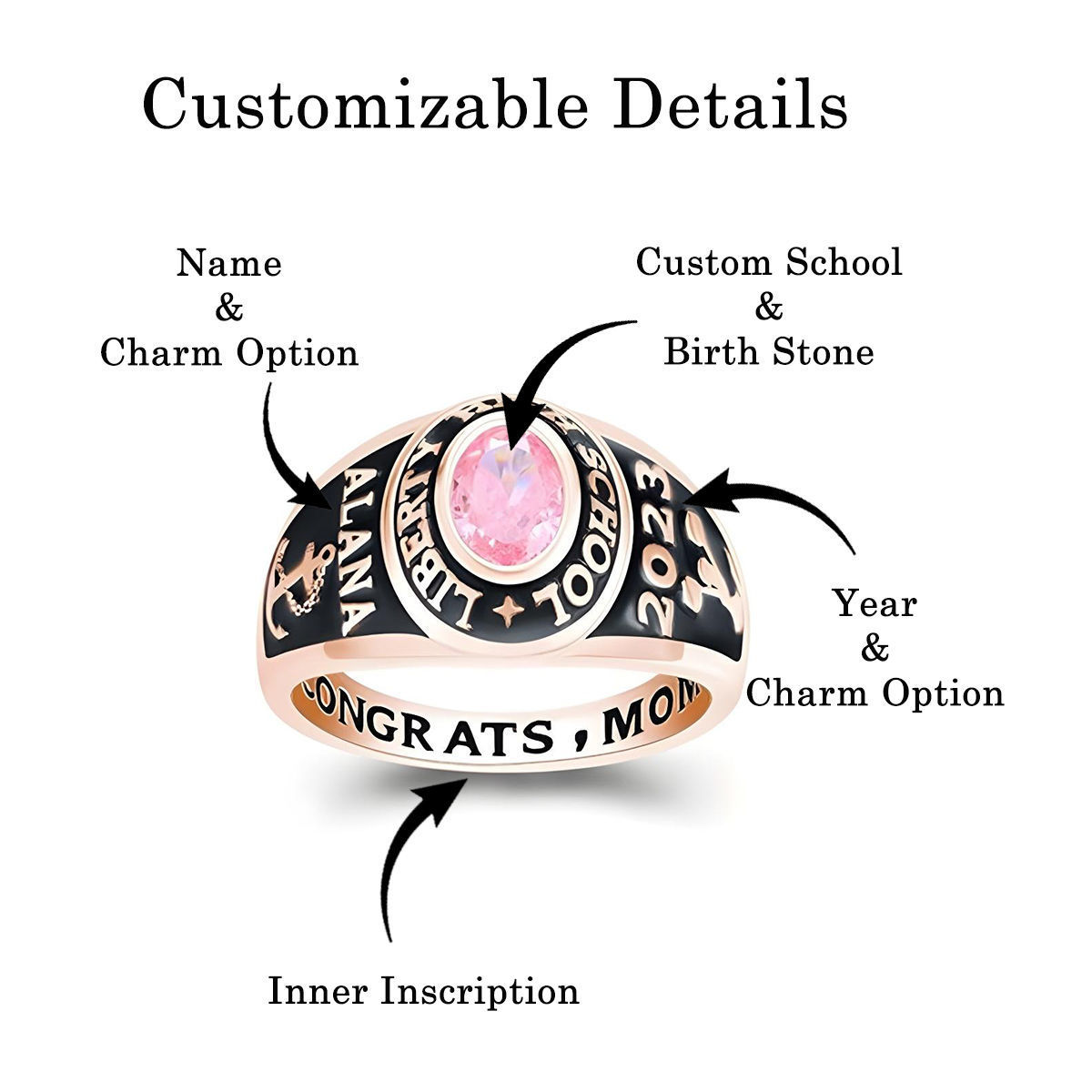 Engraved Custom Graduation Ring with Birthstone | Personalized College ...